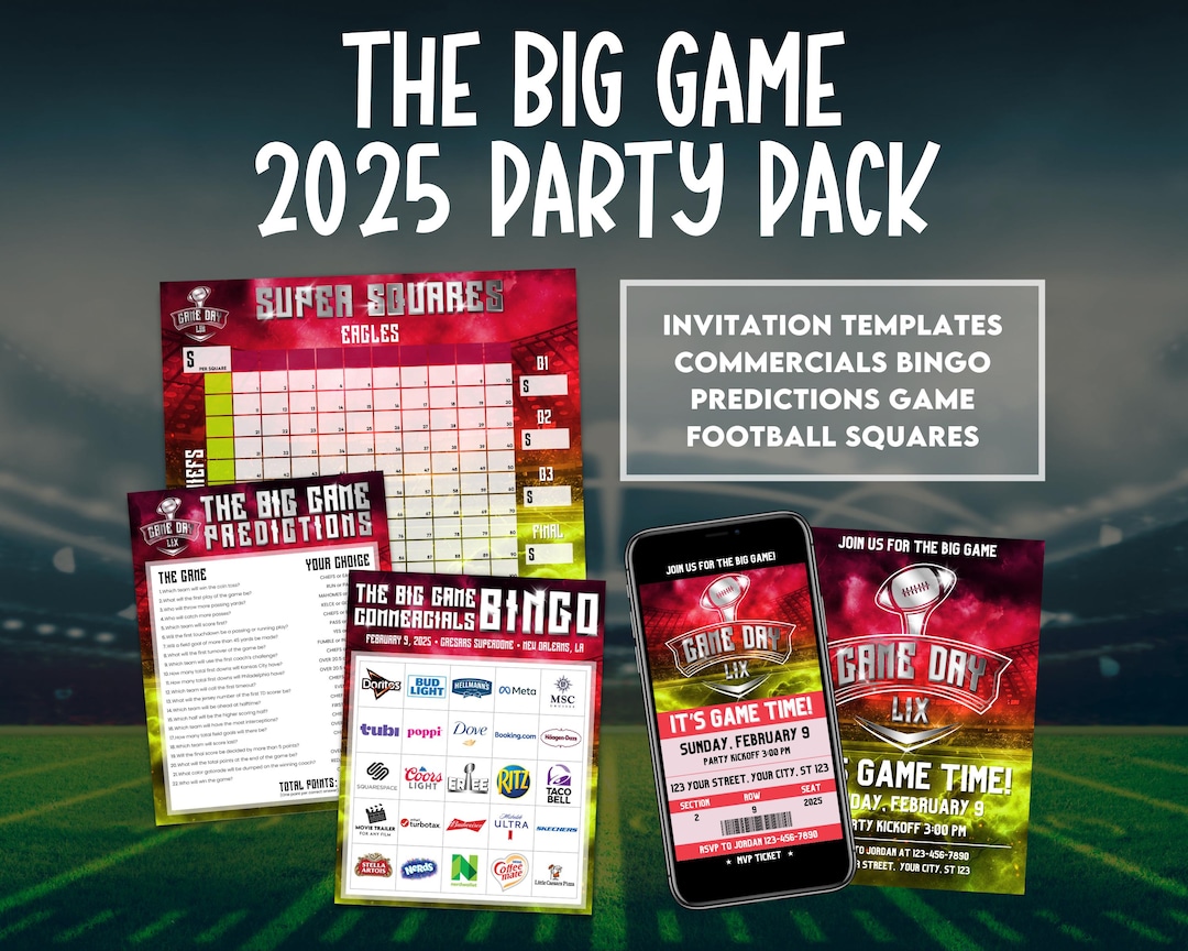 Big Game Party Pack Bundle, Super Commercials Bowl Bingo, Football ...