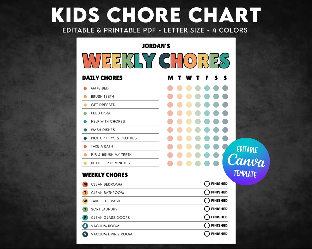 Editable Weekly Chore Chart for Kids, Printable Chore Chart, Kids Daily ...