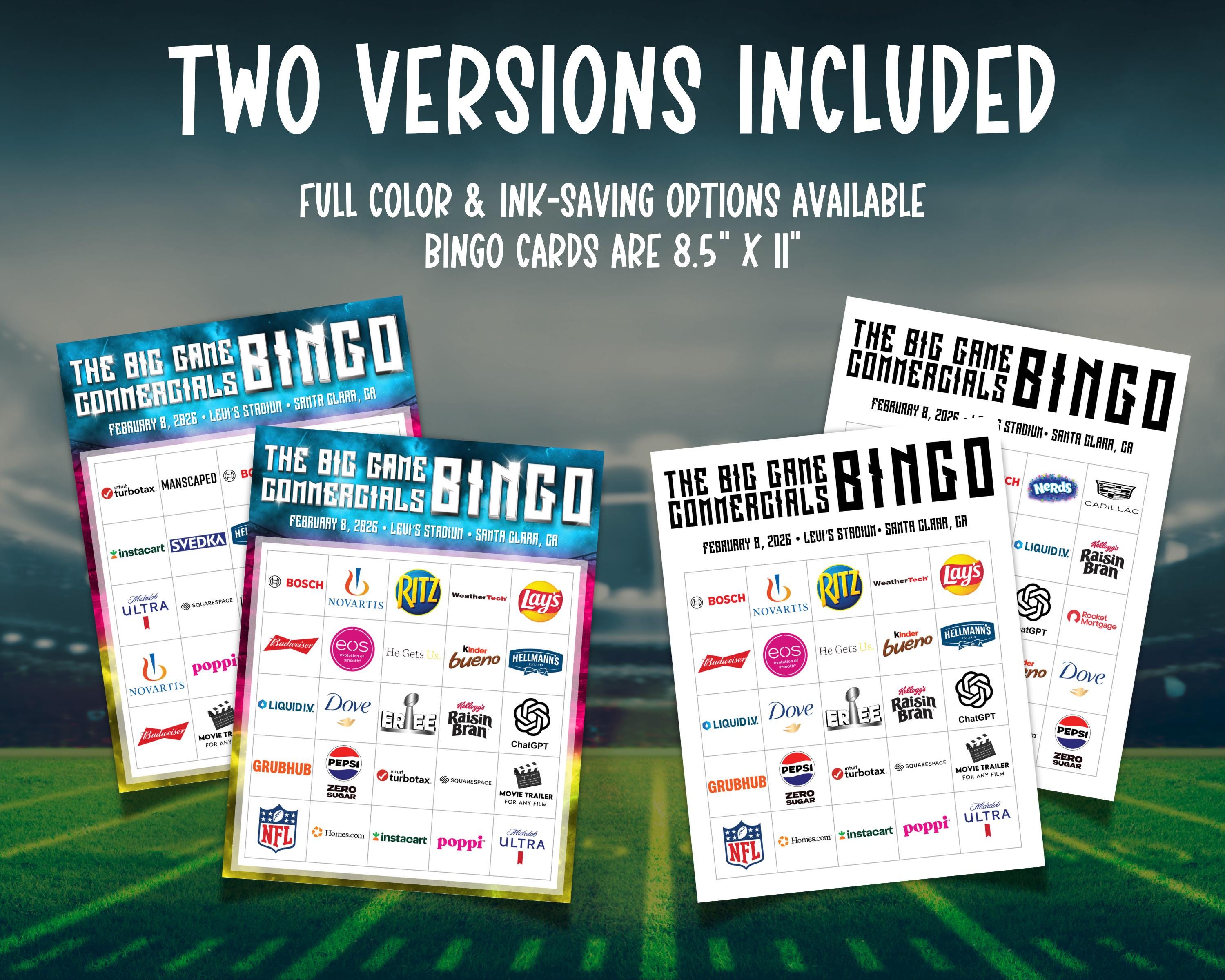 Big Game Commercial Bingo, Super Commercials Bowl Bingo, Football Bingo ...