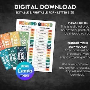 Editable Kids Reward Bucks, Mom Bucks, Chore Bucks, Play Money, Pretend ...