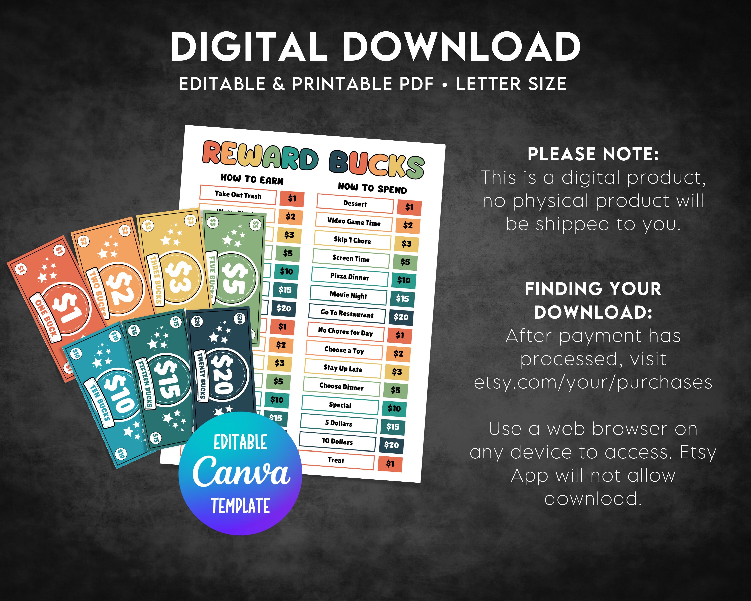 Editable Kids Reward Bucks, Mom Bucks, Chore Bucks, Play Money, Pretend ...
