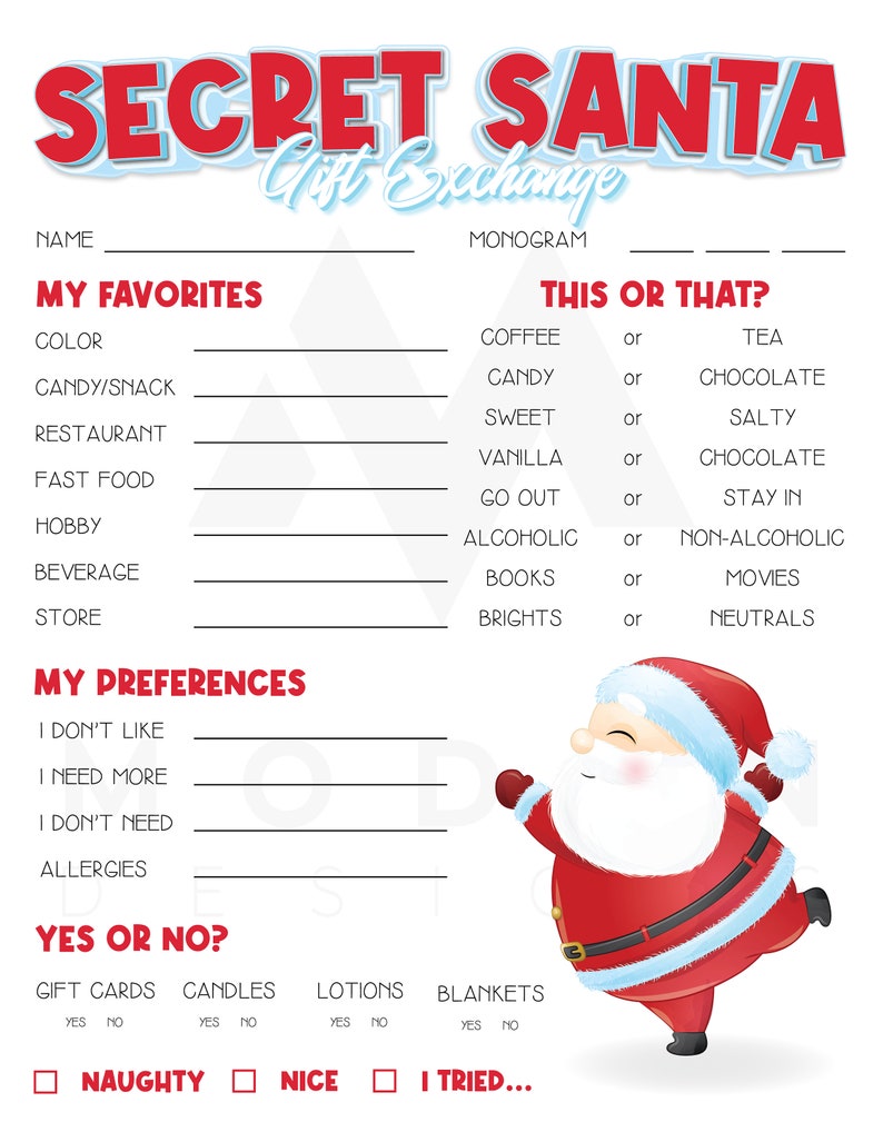 Secret Santa Questionnaire Printable for Christmas Gift - Etsy Secret Santa Questionnaire Printable for Christmas Gift - Etsy