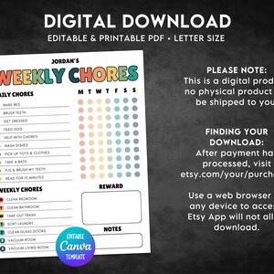 Editable Weekly Chore Chart for Kids, Printable Chore Chart, Kids Daily ...