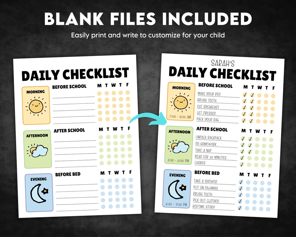 Kids Daily School Checklist Schedule Printable, Editable Chore Chart ...