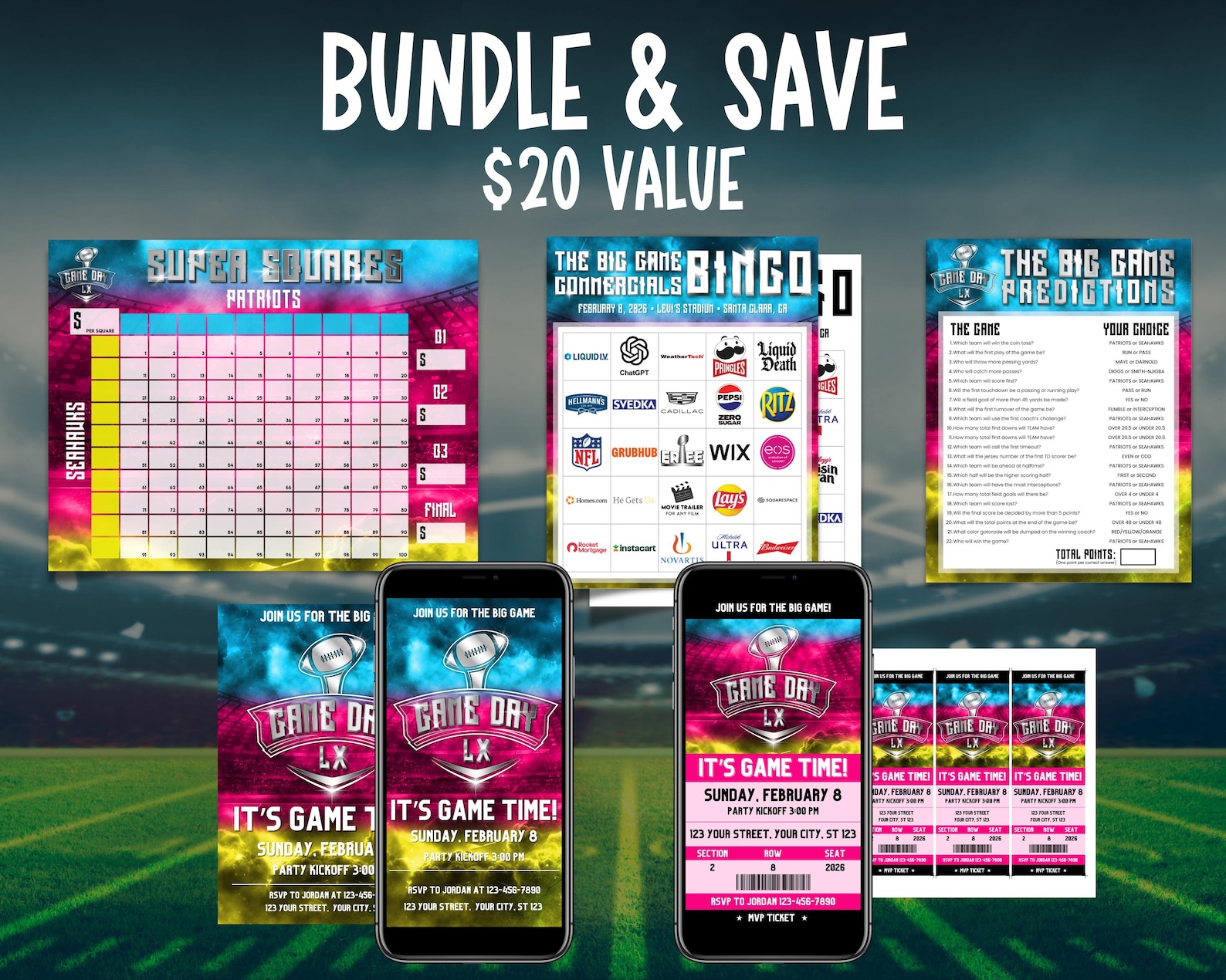 Big Game Party Pack Bundle, Super Commercials Bowl Bingo, Football ...