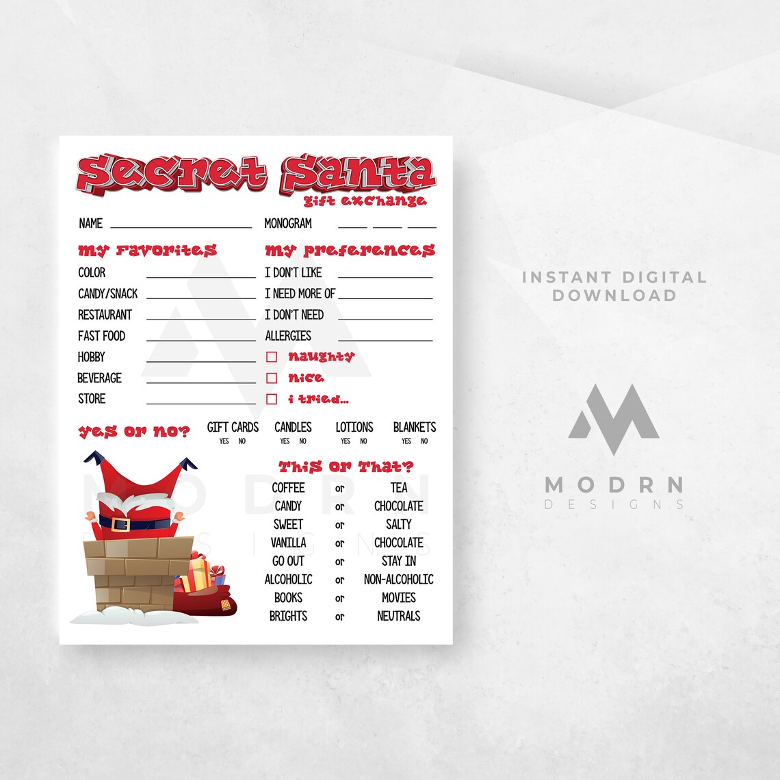 Printable Secret Santa Questionnaire for Christmas Gift - Etsy