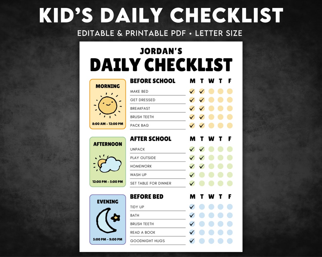 Kids Daily School Checklist Schedule Printable, Editable Chore Chart ...