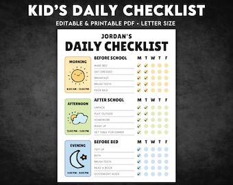 Kids Daily School Checklist, Responsibility Chart, to Do List, Editable ...