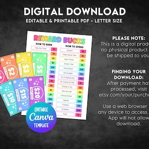 Editable Kids Reward Bucks, Mom Bucks, Chore Bucks, Play Money, Pretend ...