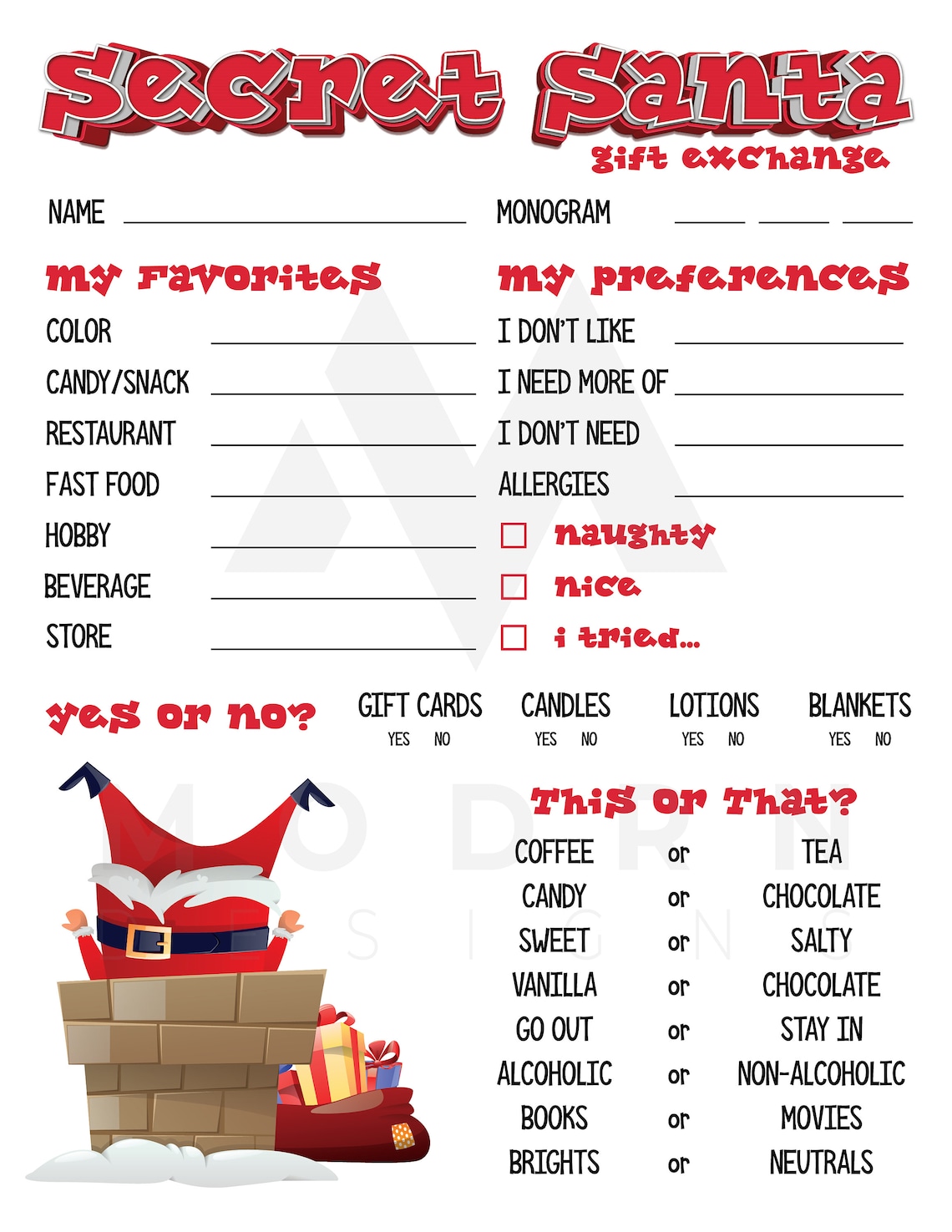 Printable Secret Santa Questionnaire for Christmas Gift - Etsy