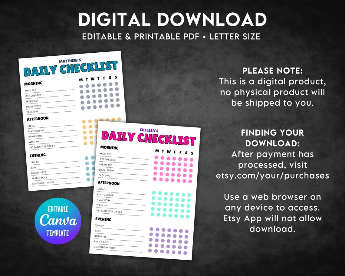 Editable Daily Chore Chart for Kids, Printable Chore Chart, Kids Daily ...