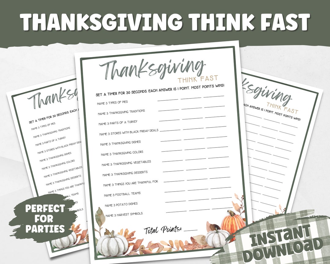 Thanksgiving Think Fast Game | Thanksgiving Printable Game ...