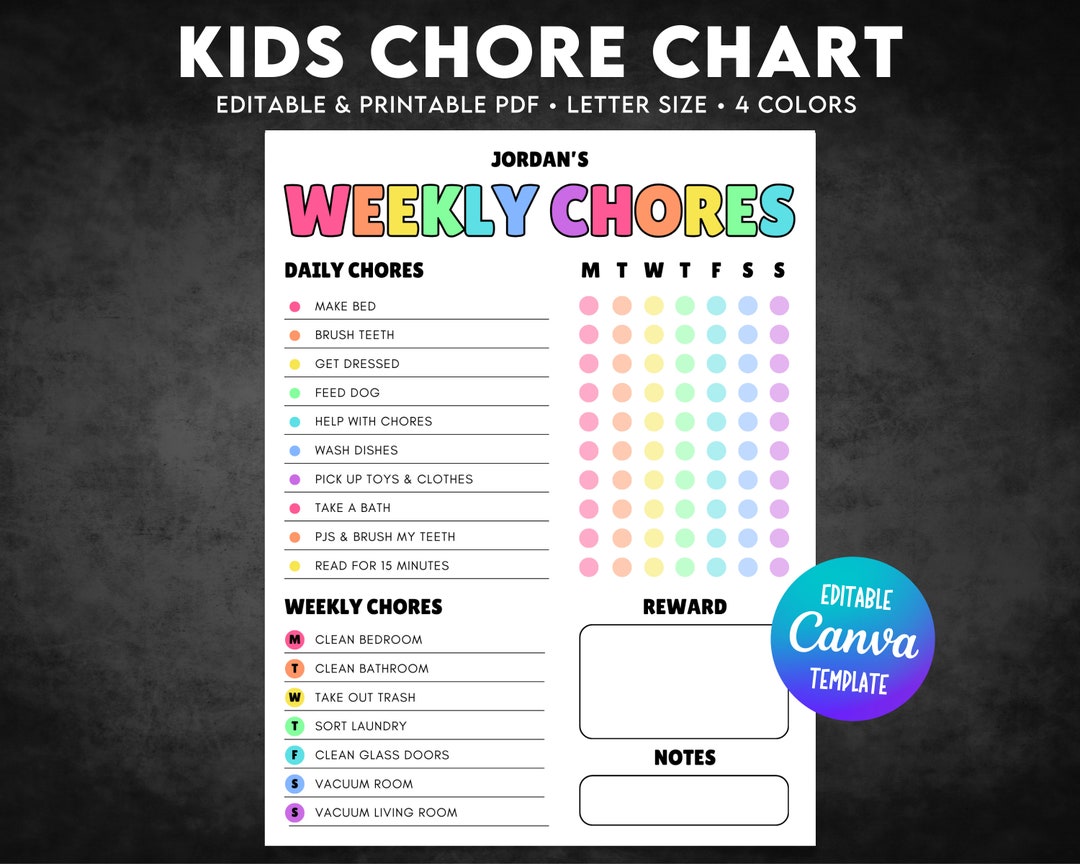 Editable Weekly Chore Chart for Kids, Printable Chore Chart, Kids Daily ... Editable Weekly Chore Chart for Kids, Printable Chore Chart, Kids Daily ...