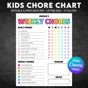 Editable Weekly Chore Chart for Kids, Printable Chore Chart, Kids Daily ...
