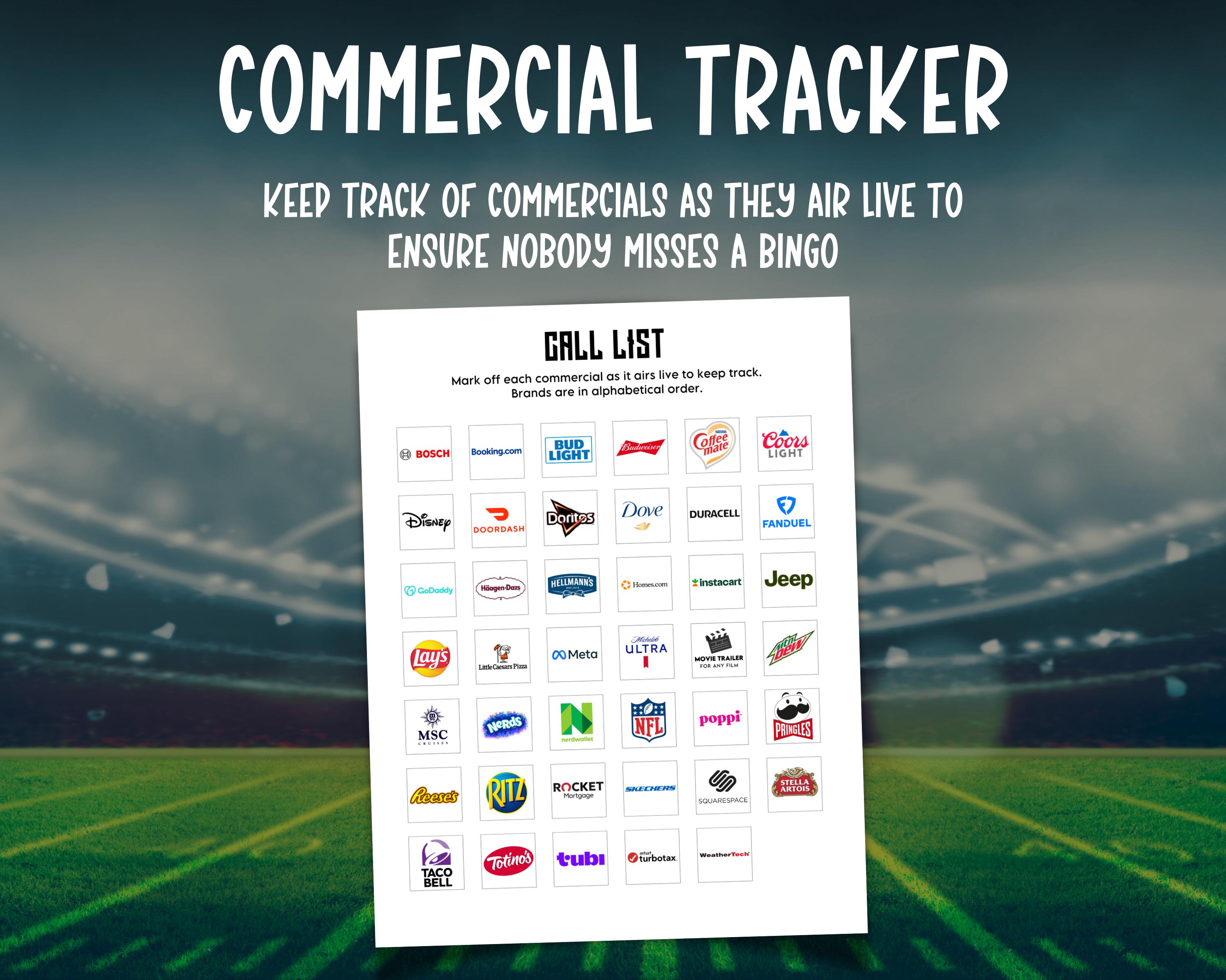 Big Game Commercial Bingo, Super Commercials Bowl Bingo, Football Bingo ...
