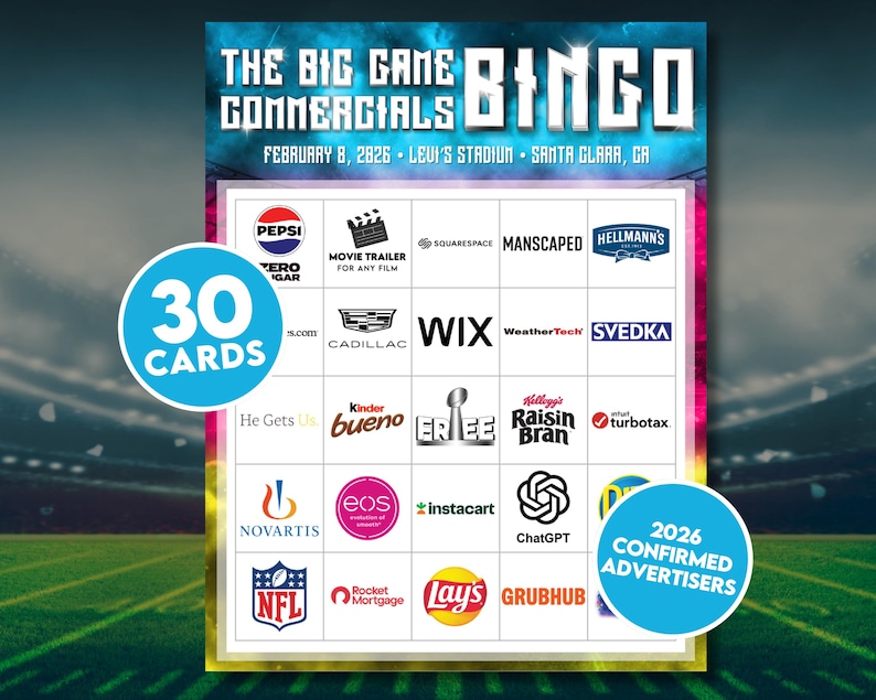 Big Game Commercial Bingo, Super Commercials Bowl Bingo, Football Bingo ...