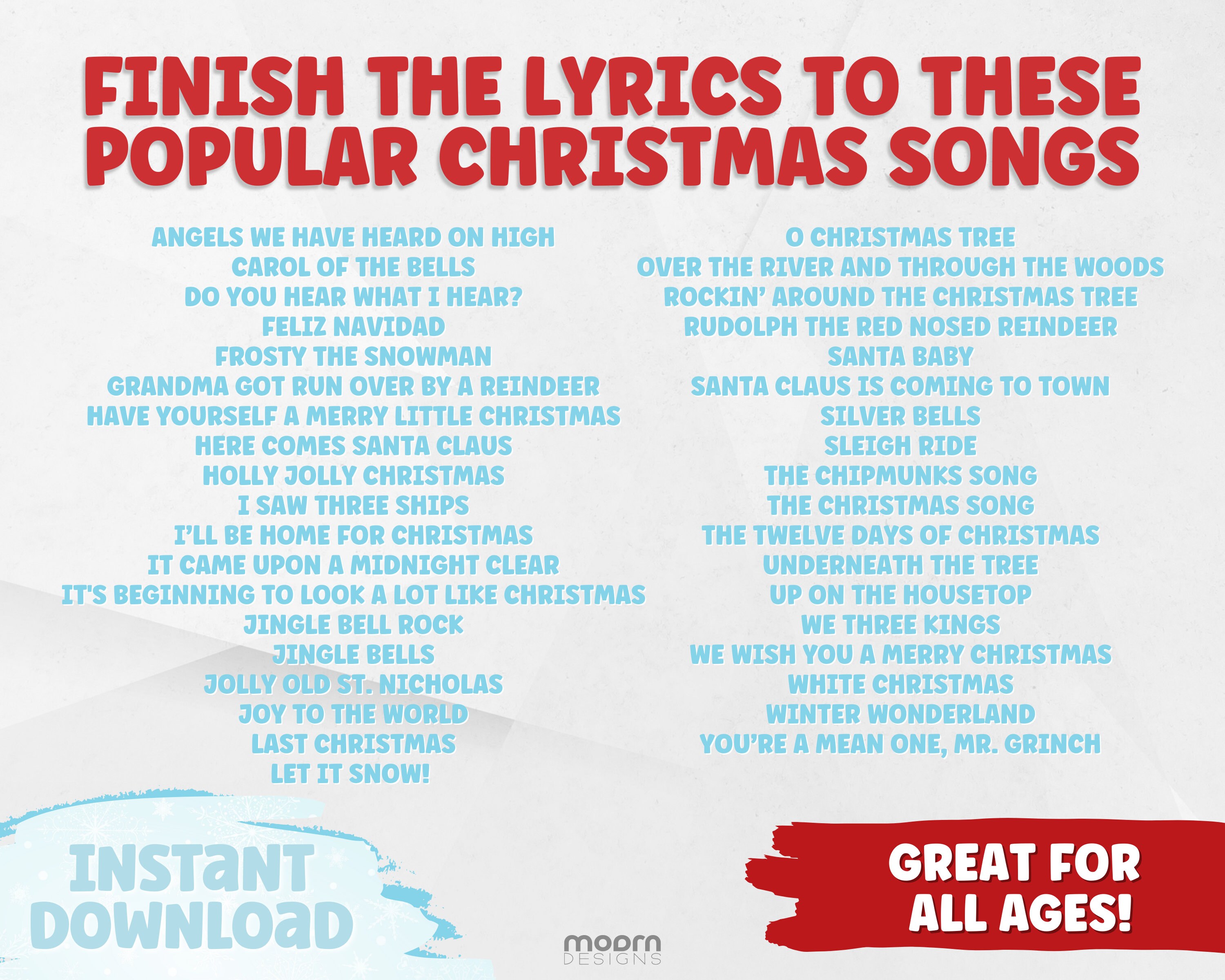 Christmas Carol Finish the Lyric Game Christmas Game - Etsy