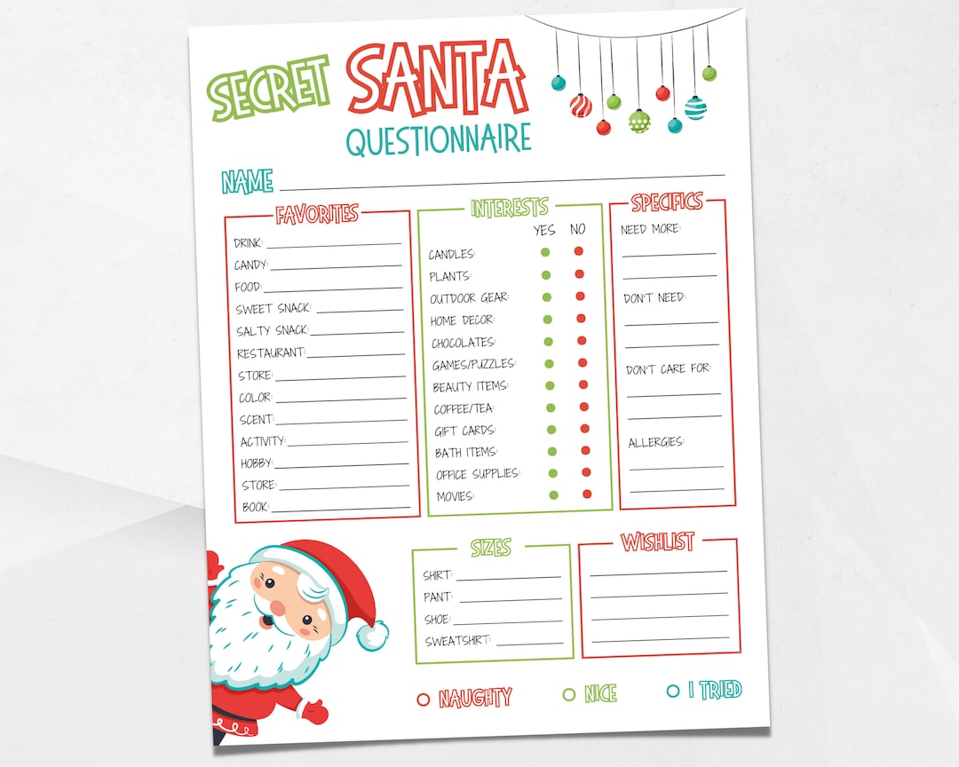 Secret Santa Questionnaire for Christmas Gift Exchange Printable ...