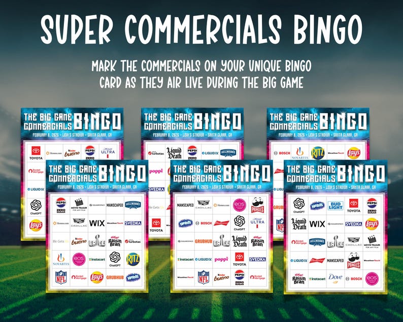 Big Game Commercial Bingo, Super Commercials Bowl Bingo, Football Bingo ...