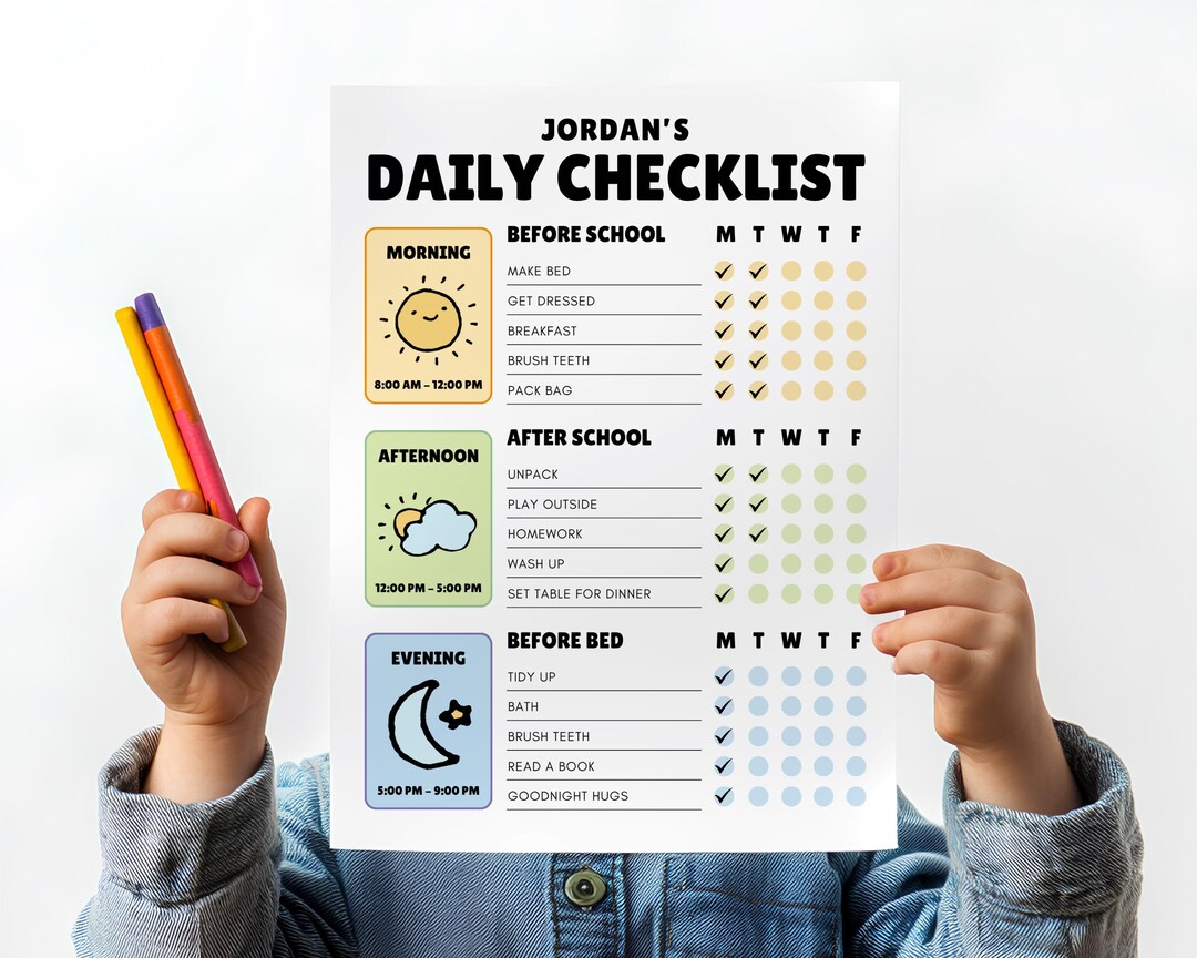 Kids Daily School Checklist Schedule Printable, Editable Chore Chart ...