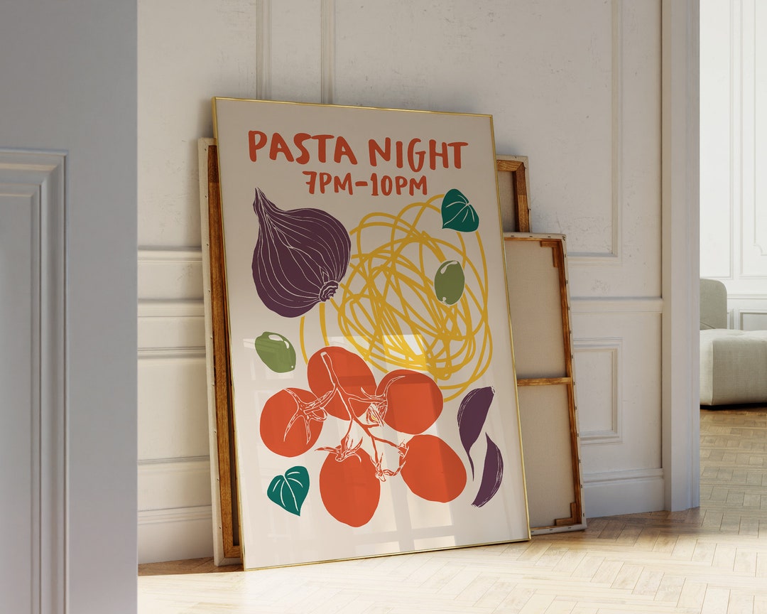 Pasta Night Wall Art, Printable Spaghetti Art Print, Retro Kitchen Wall ...