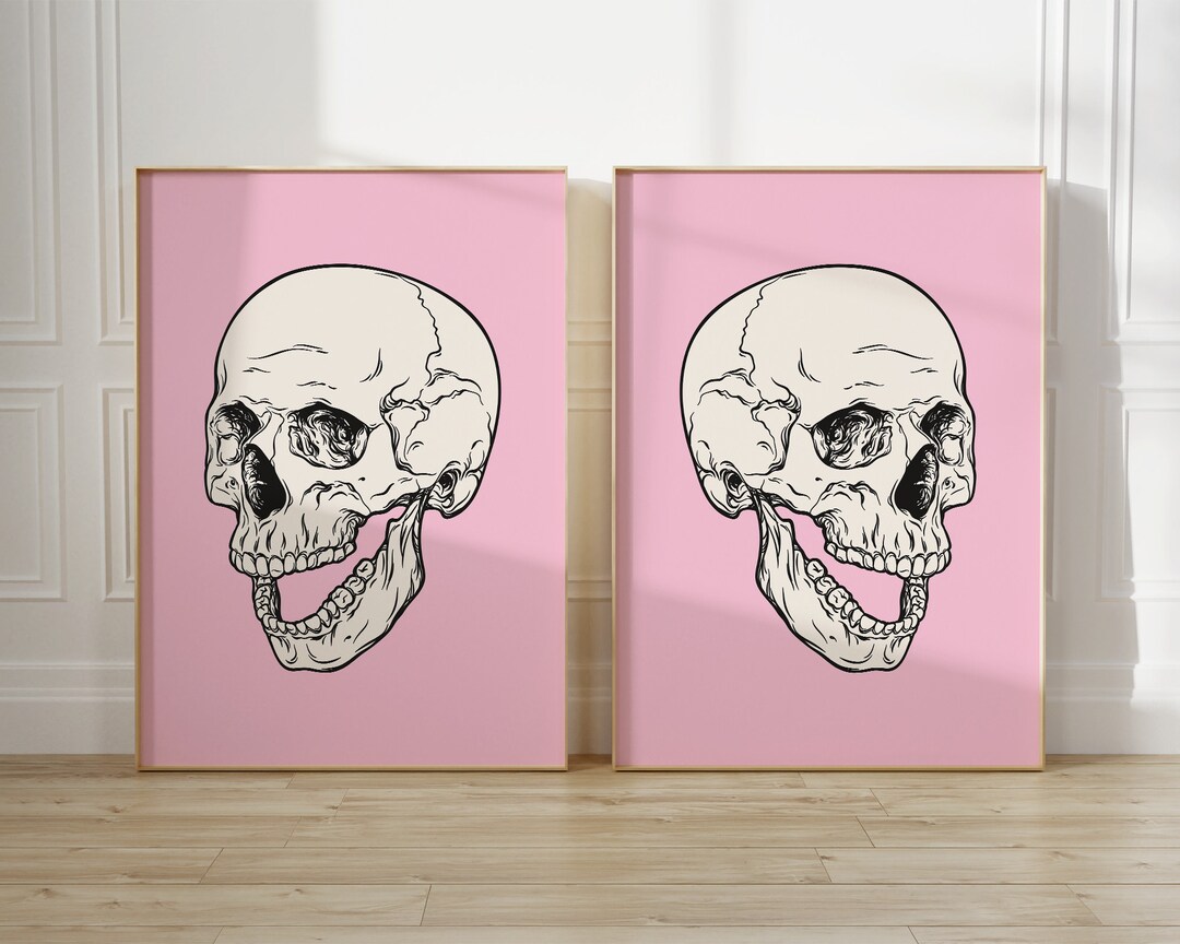 Pink Halloween Set of 2 Prints, Printable Retro Skeleton Wall Art ...