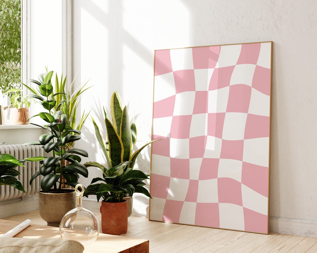 Pink Checkered Wall Art, Printable Trendy Pastel Wall Decor, Danish ...