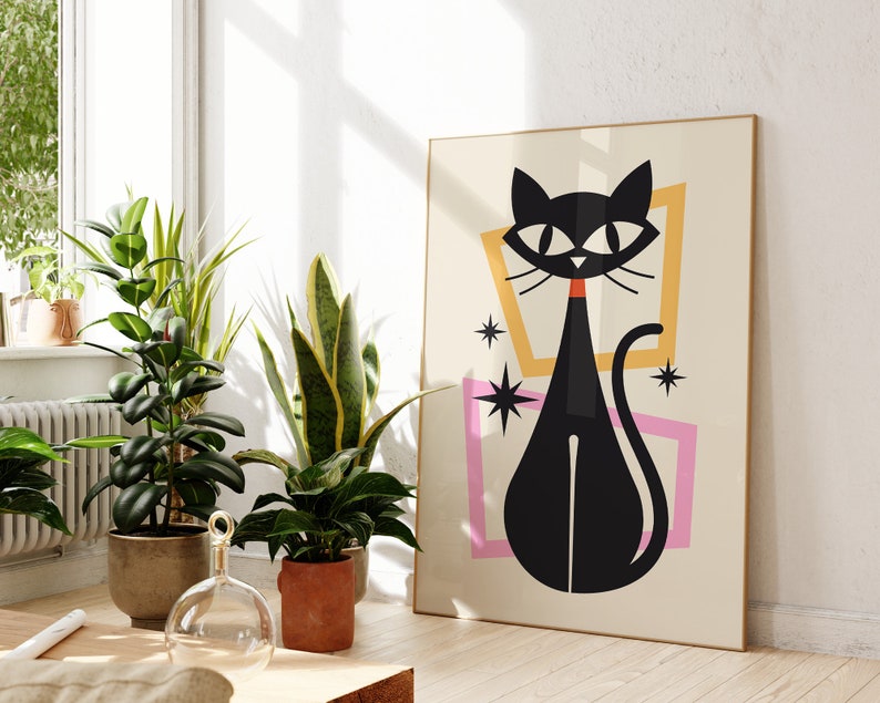 Mid Century Modern Cat Wall Art Printable Retro Black Cat Art - Etsy
