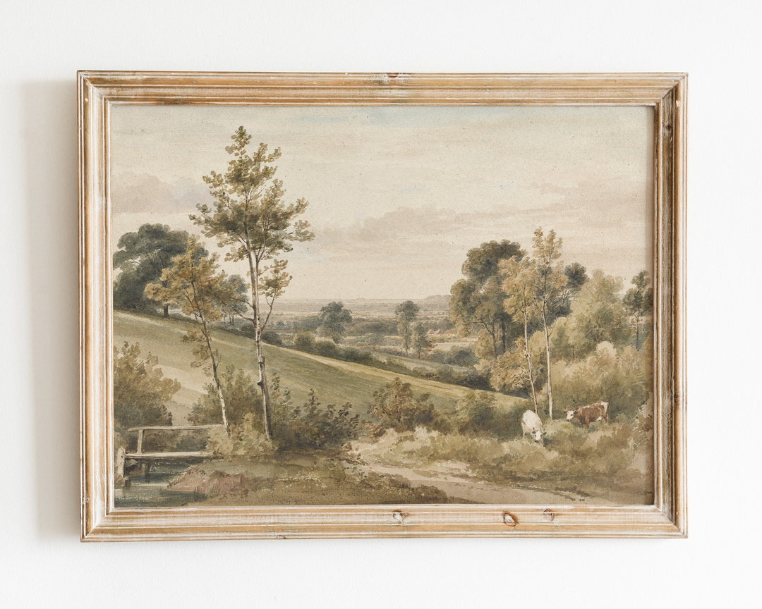 Rustic Watercolor Painting, Printable Farmhouse Landscape Art Print ...