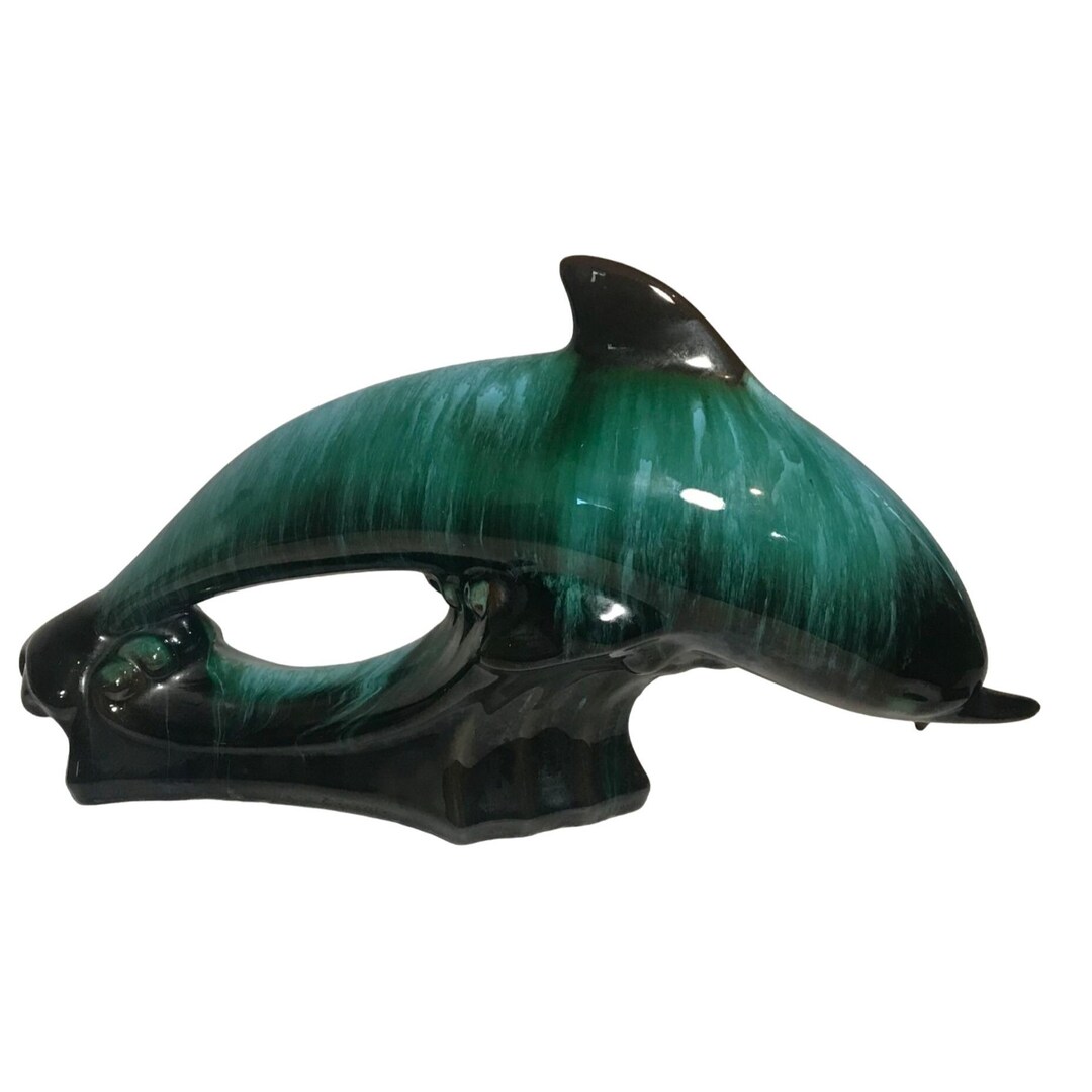 Vintage Blue Mountain Pottery Green Black Drip Glaze Ceramic Dolphin 12 ...