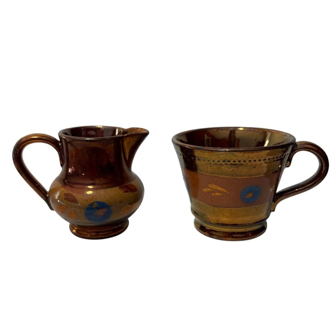 Vintage Copper Lustreware Creamer & Sugar Set With Blue Accents - Etsy