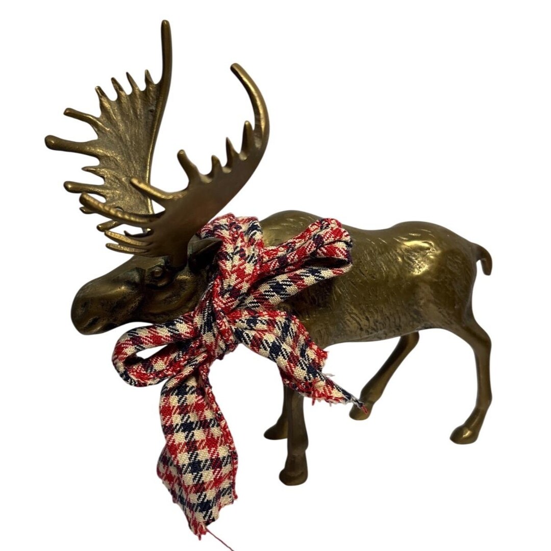 Solid Brass Moose Figurine With Red Plaid Fabric Scarf 6.5" Cabin Hunt ...