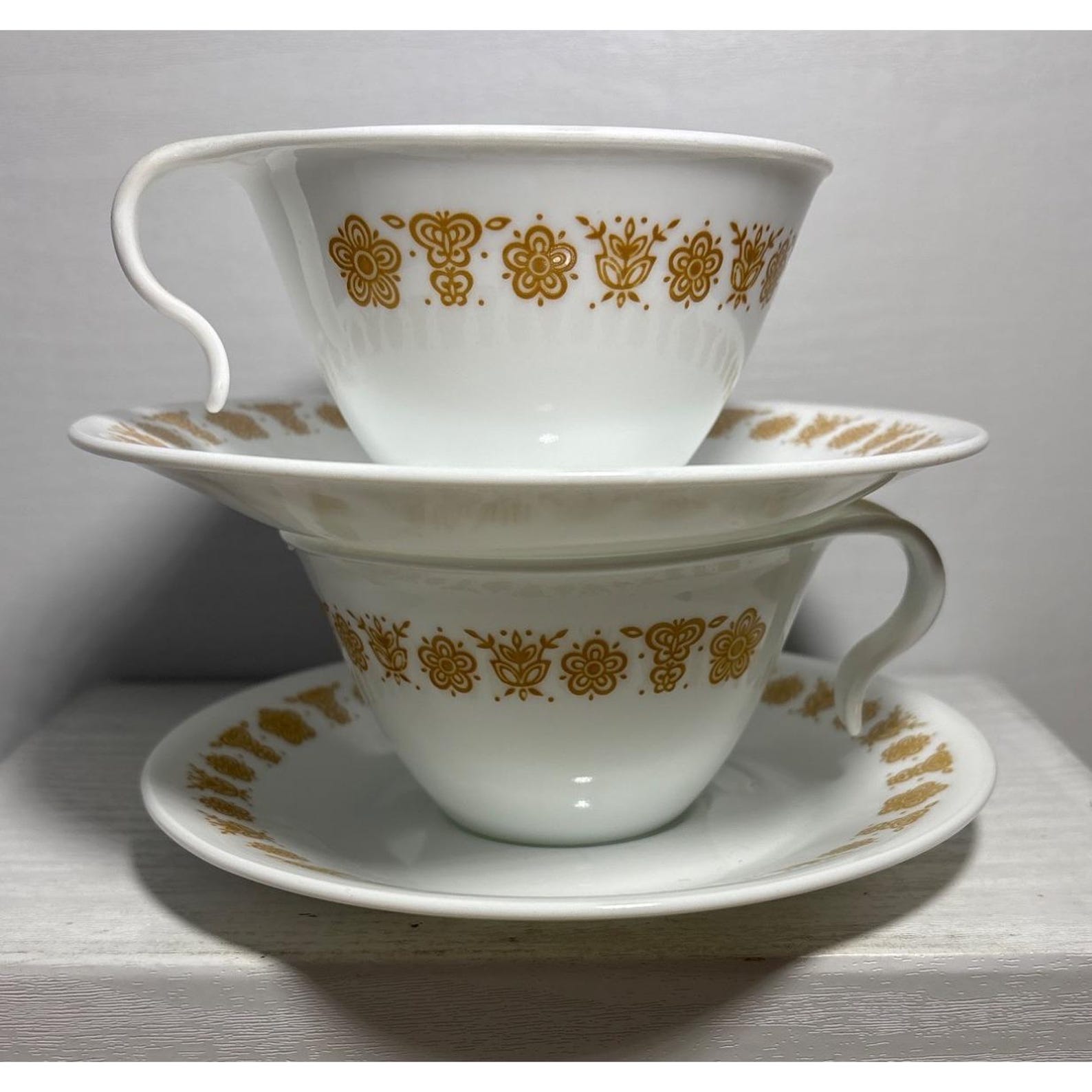 Vintage Corelle Butterfly Gold Tea Cups With Hook Handles and Saucers ...