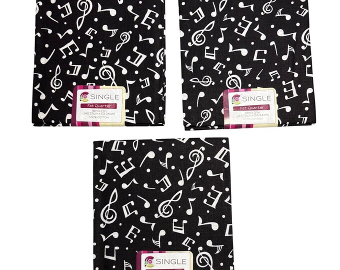 Music Note Fabric Black & White Fat Quarters 18"x21" 100% Cotton Set of ...