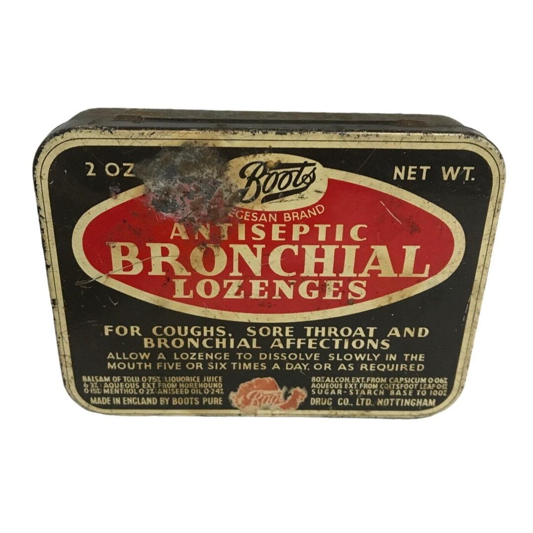 Boots Antiseptic Tin Bronchial Lozenges England 4 X 1" Black Gold Red ...