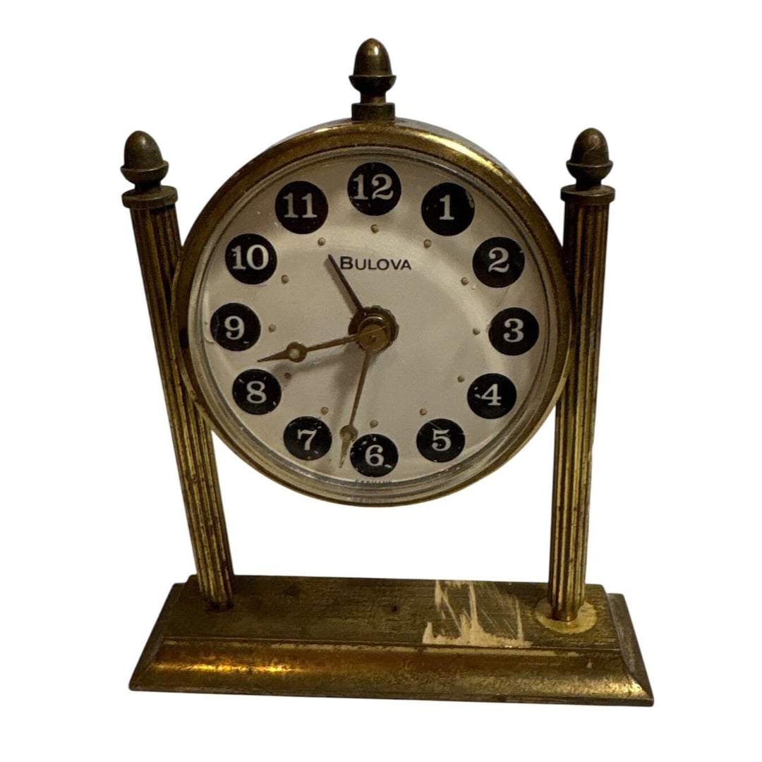Bulova Brass Desk Clock Manual Wind up Alarm 3.5" Tall Classic Tested ...