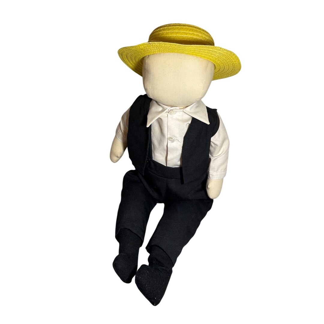 Amish Inspired Cloth Rag Doll Faceless Hat Black Vest Pants Suspenders ...