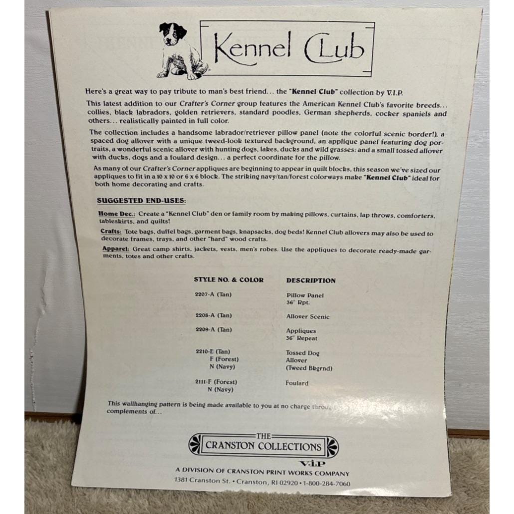 Kennel Club Wall Hanging Pattern by Janet Page the Cranston Collection ...