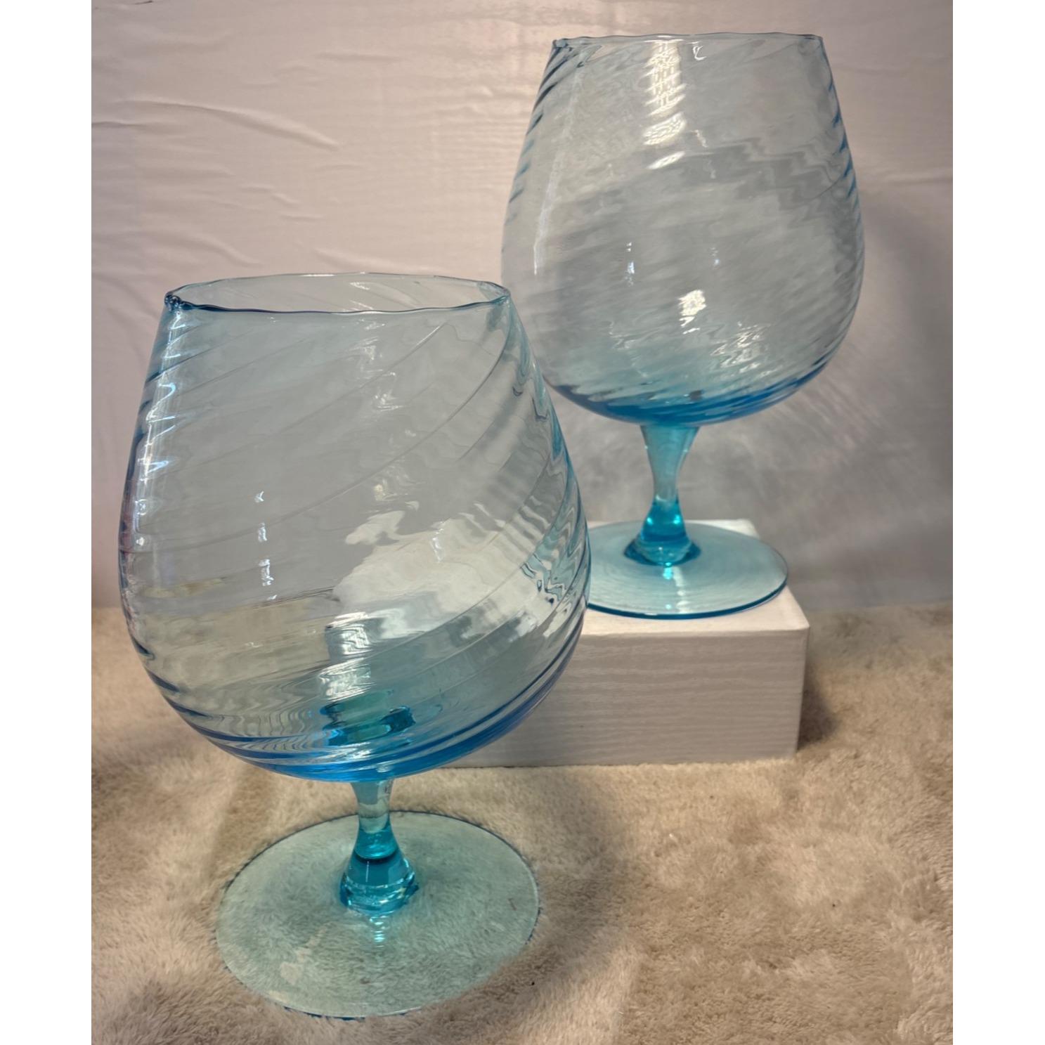 Set of 2 Large 10" Handblown Aqua Blue Swirl Glass Goblets Vase ...