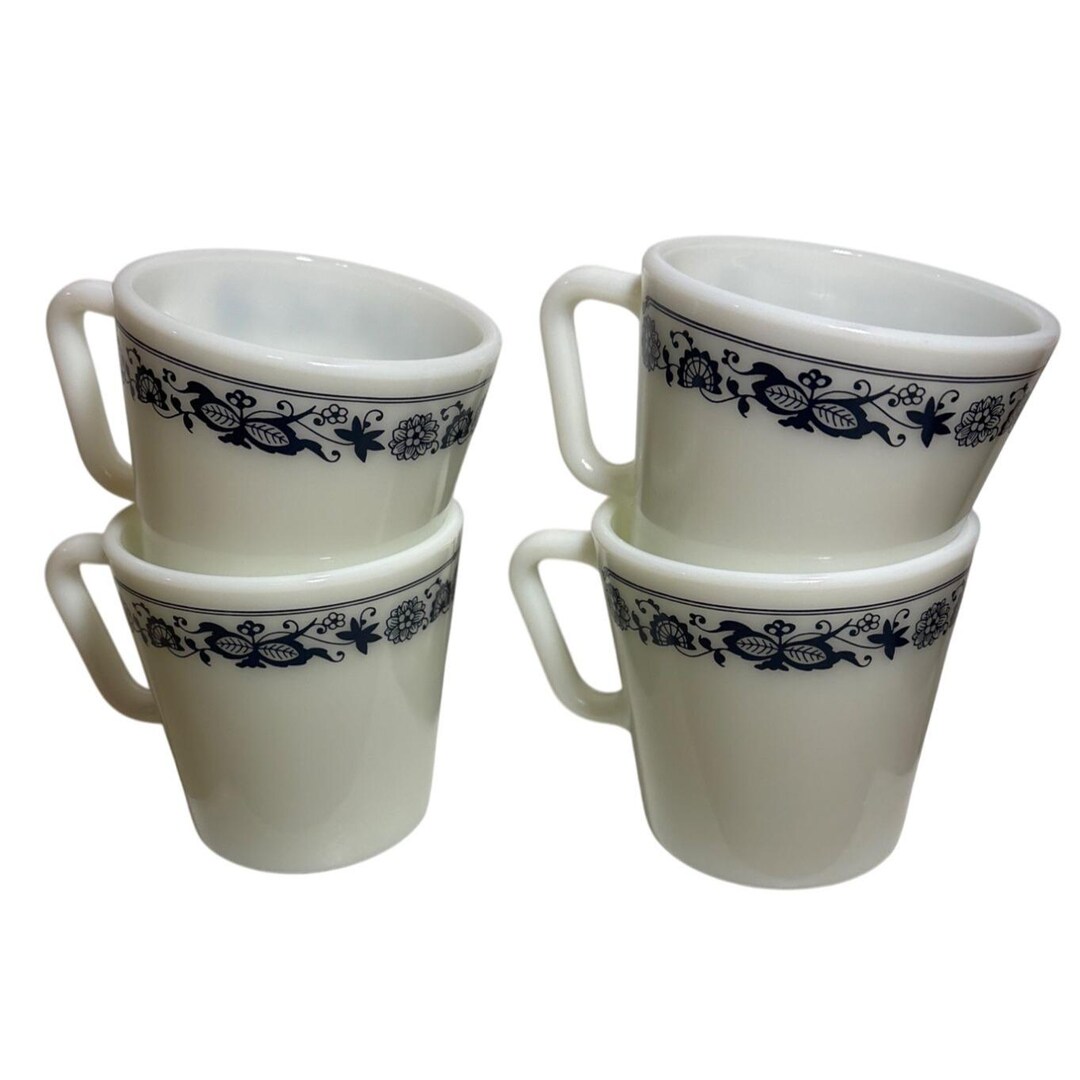 Pyrex Mugs Old Towne Blue Onion Milk Glass Coffee Cups Set of 4 Vintage ...