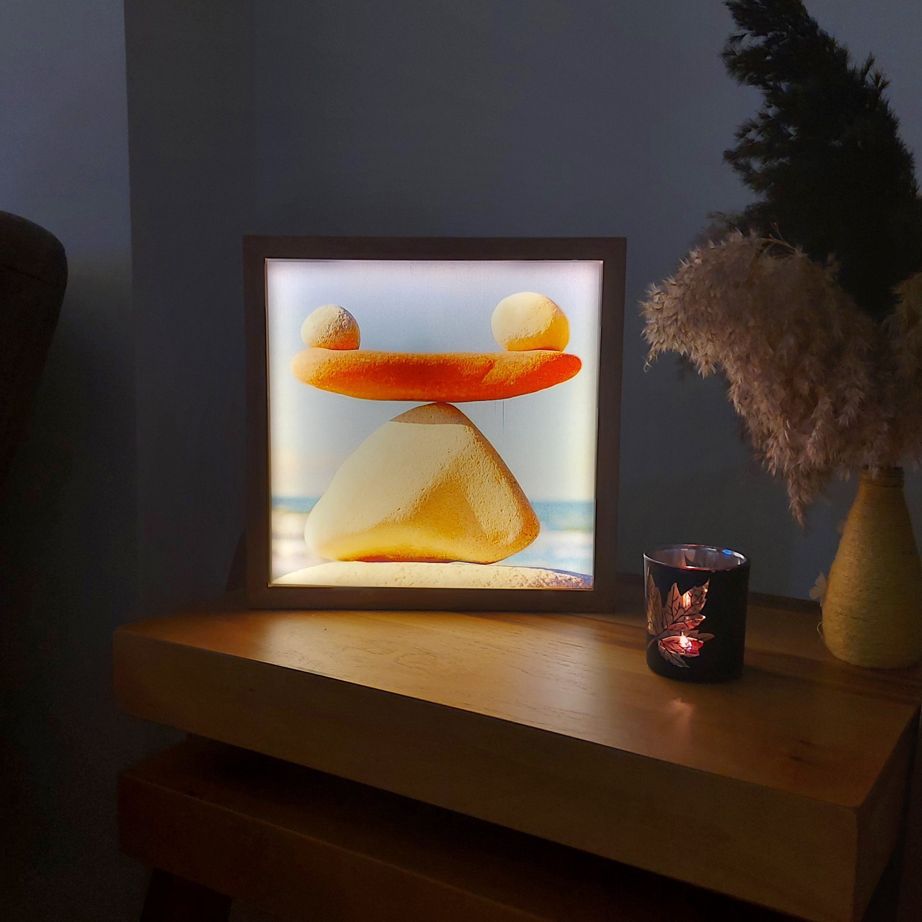 Handmade Stone Light Box, Unique Home Light Gift, Modern Wooden Night ...