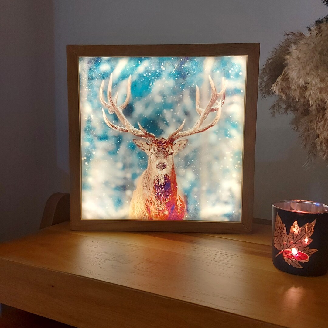 Deer Wooden Light Box, Wood Night Light, Wooden Deer Art, Rustic Modern ...