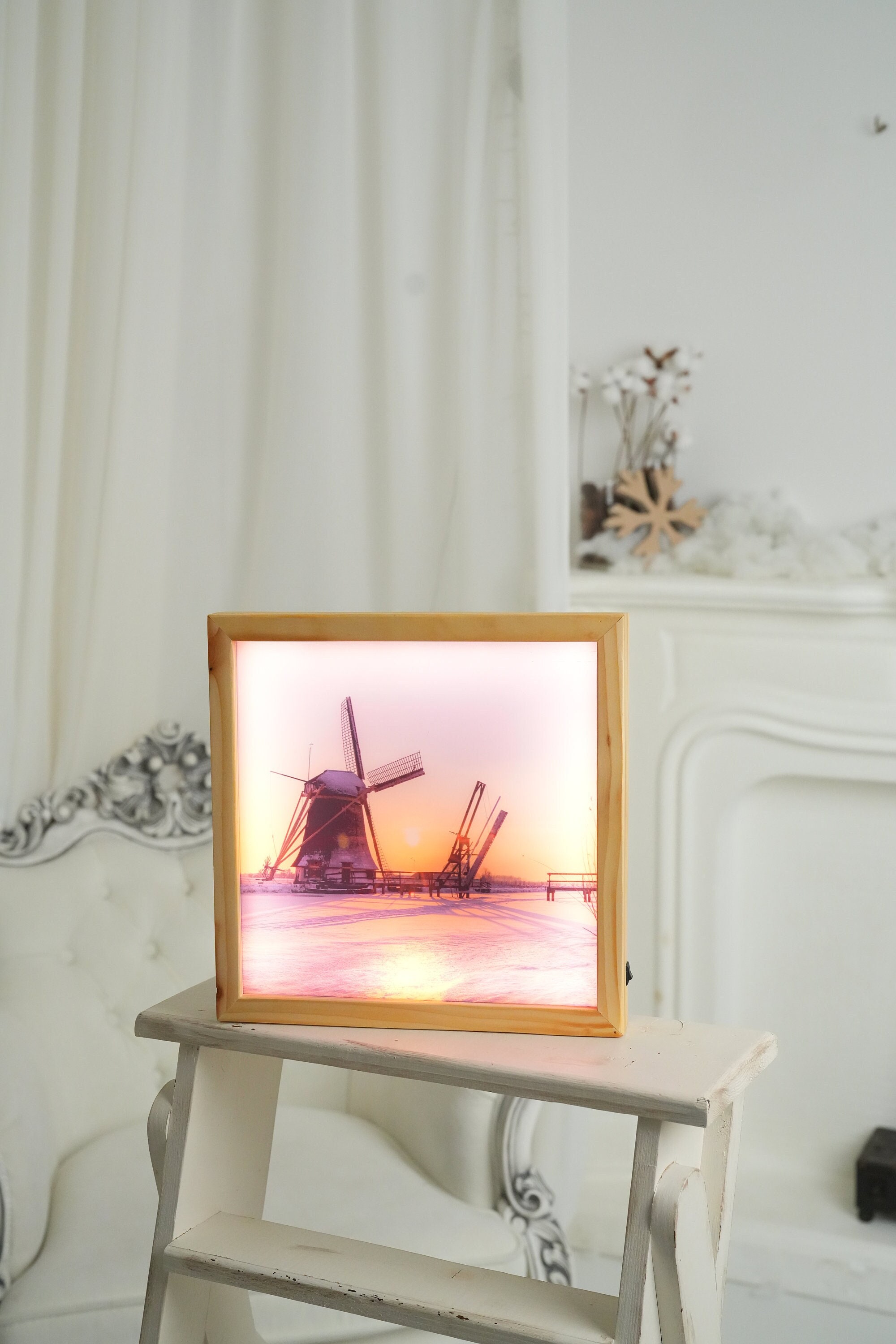 Rustic Windmill Wooden Lamp, Artisanal Windmill Light Box, Vintage ...