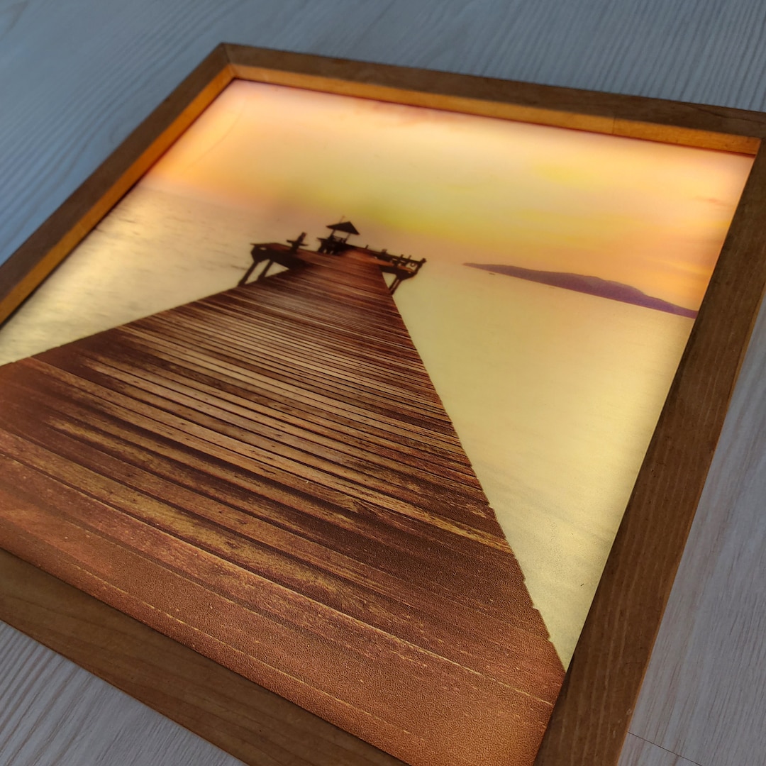 Dock and Sea View Wooden Light Box, Nautical Elegance LED Wooden Lamp ...