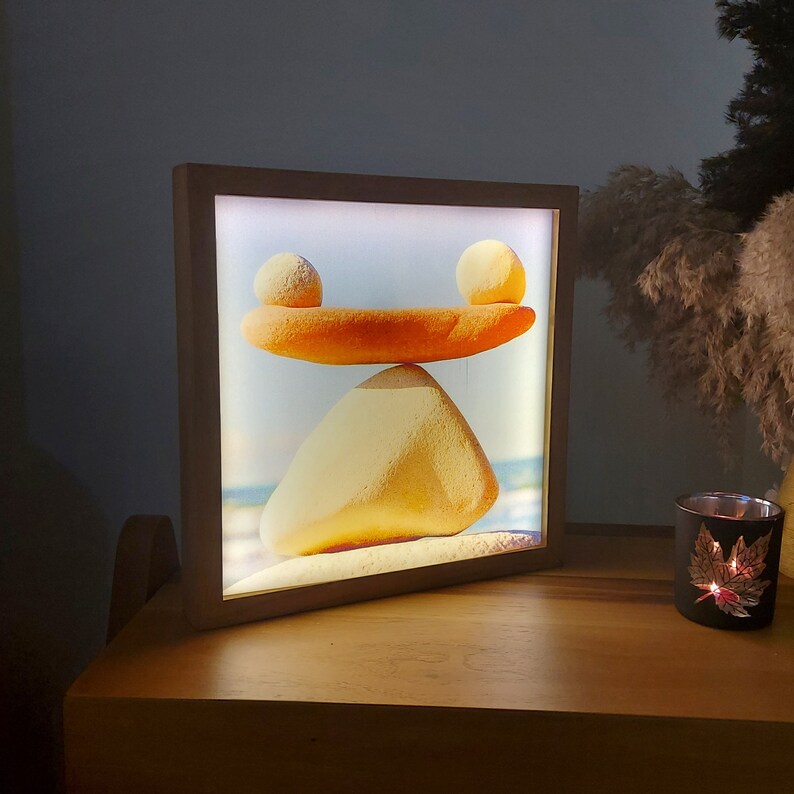 Handmade Stone Light Box, Unique Home Light Gift, Modern Wooden Night ...