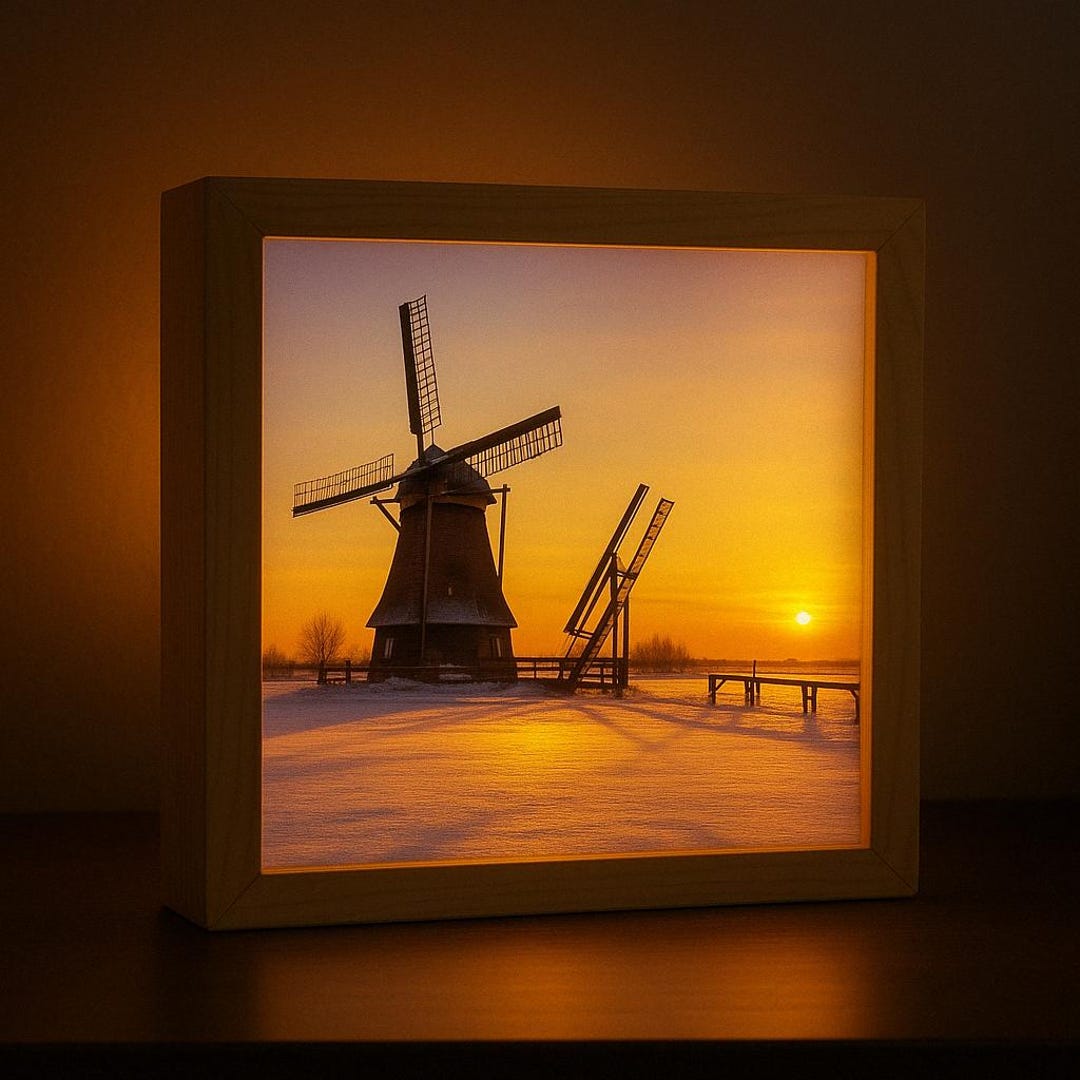 Rustic Windmill Lightbox - Wooden LED Night Light With Snowy Sunset ...