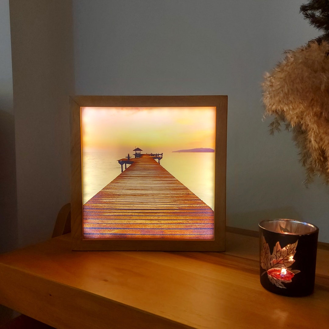 Wooden Light Box With Dock and Sea View, Nautical Elegance LED Wooden ...