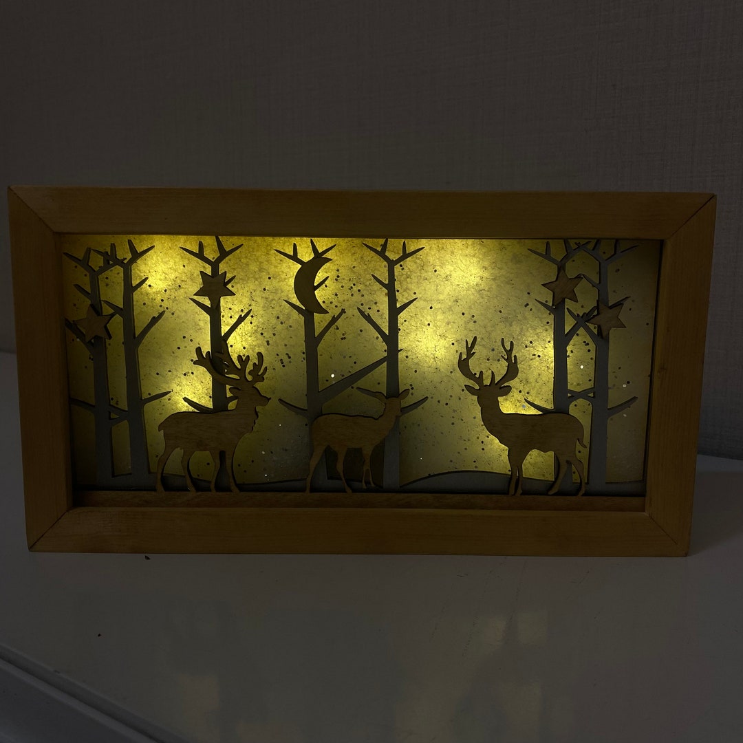 Holiday Deer Forest Light Box, Rustic Wooden Light Box With Deer Scene ...