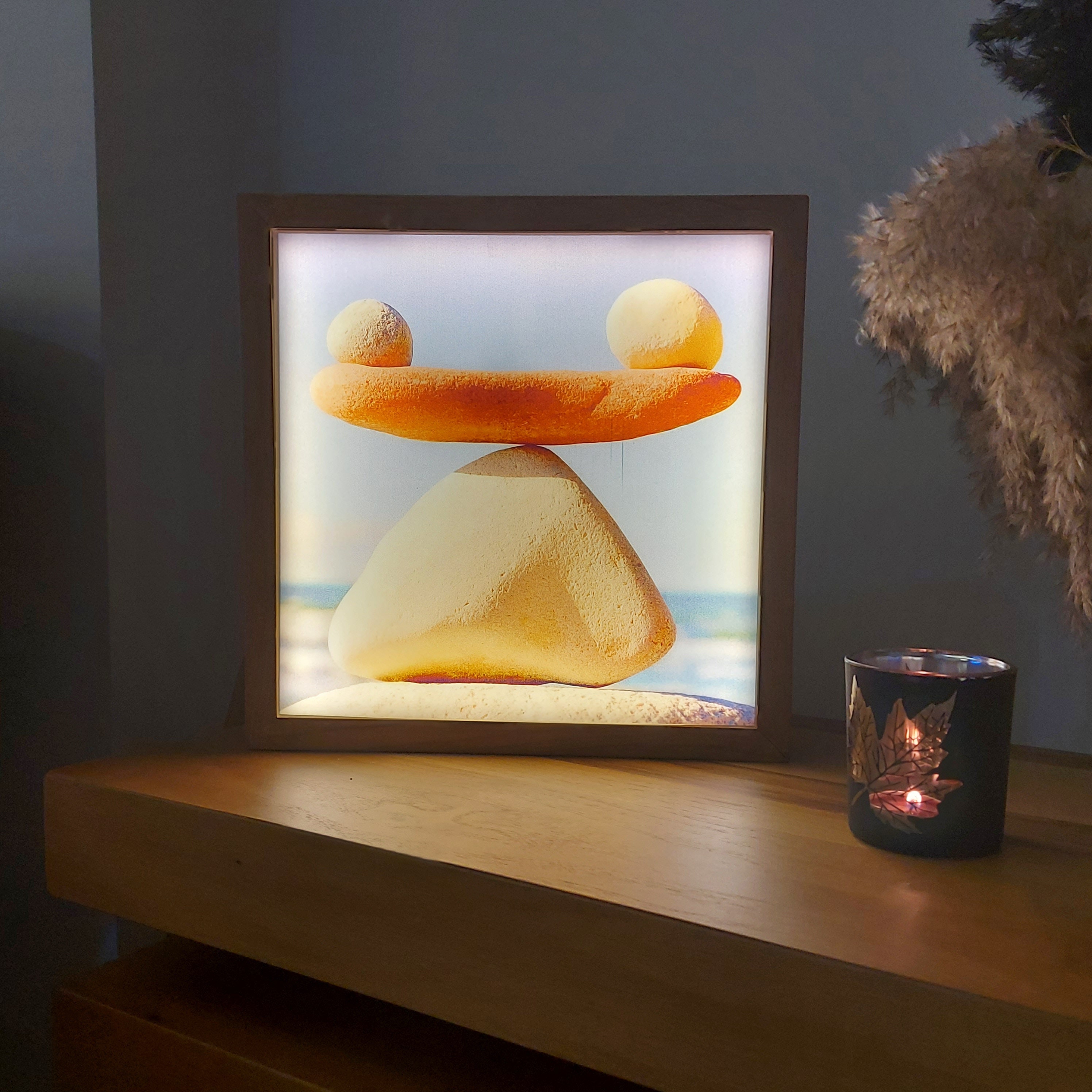 Handmade Stone Light Box, Unique Home Light Gift, Modern Wooden Night ...