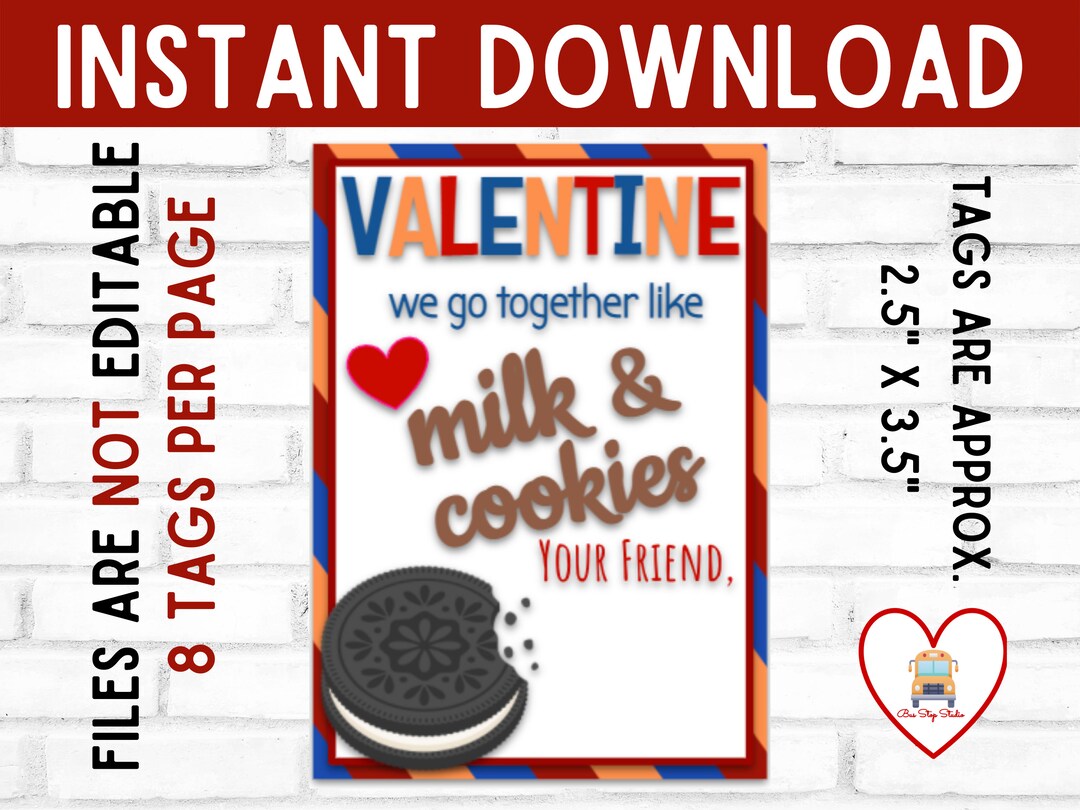 Valentine's Day Printable Tag, Cookie Tags, Milk and Cookies Tags ...